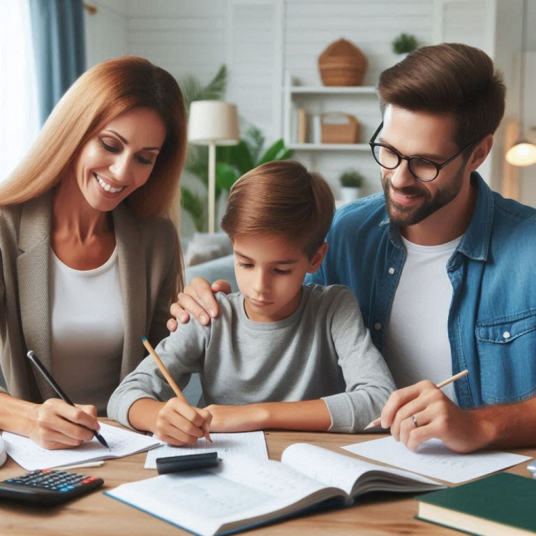 realistic picture of parents helping their child with math homework ...